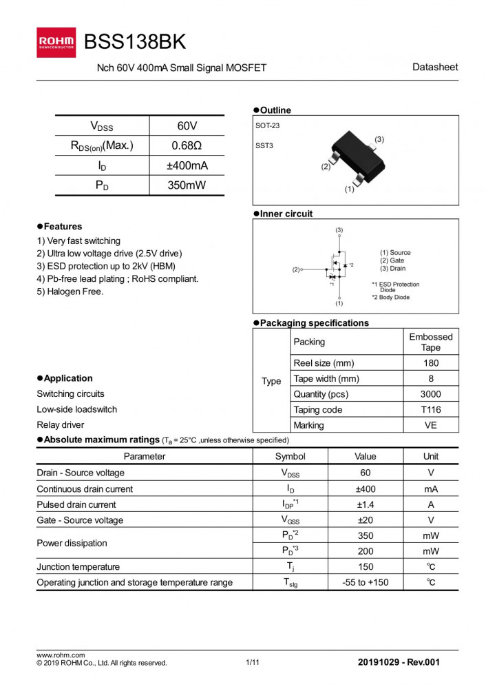 BSS138BKT116 datasheet page 1