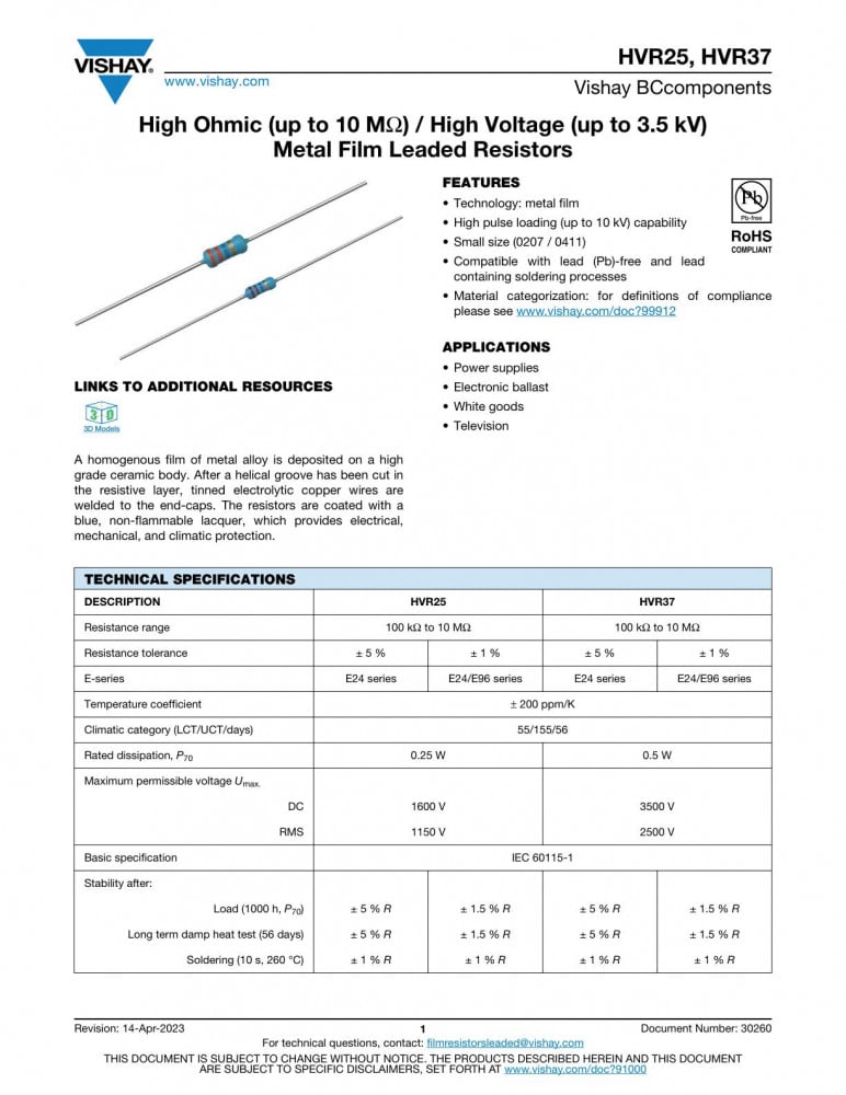 VISHAY HVR25 datasheet page 1