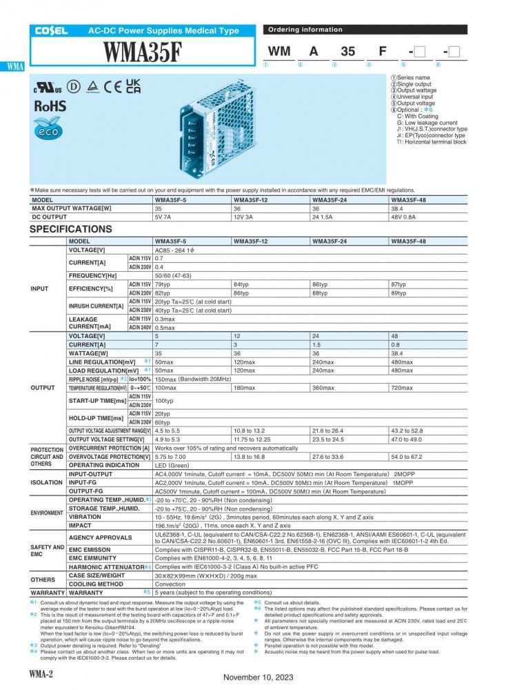 Cosel WMA series datasheet page 2