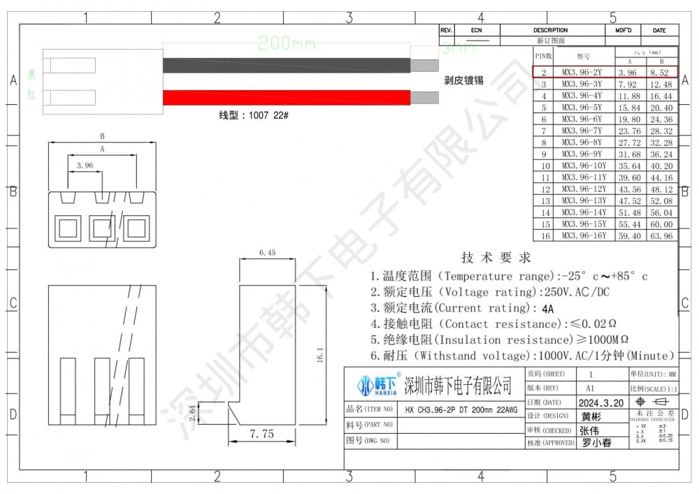 HX CH3.96-2P DT 200mm 22AWG product drawing preview