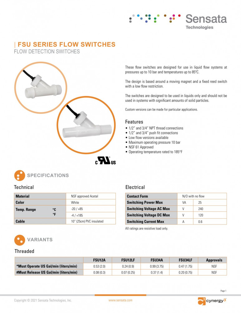 Sensata FSU series flow switch documentation page 1