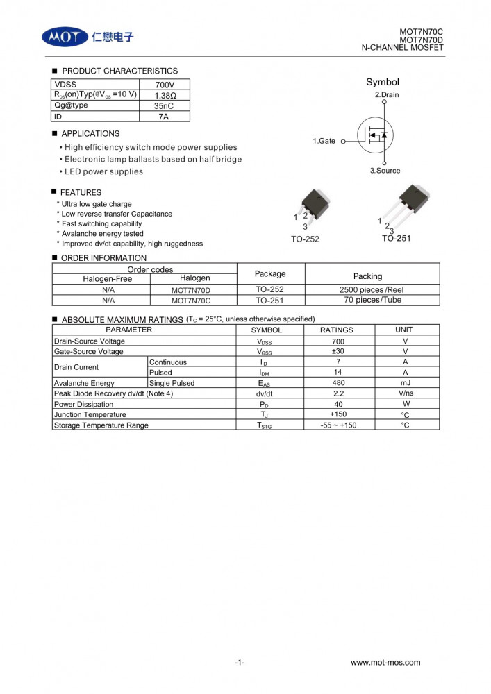 MOT7N70D datasheet page 1