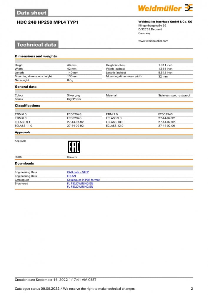 WEIDMULLER 1160430000 technical document page 2
