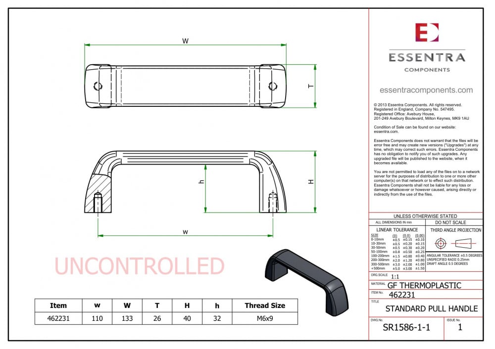 Essentra 462231 standard pull handle technical drawing