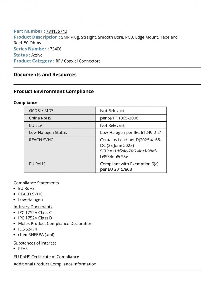 MOLEX 734155740 technical document page 1