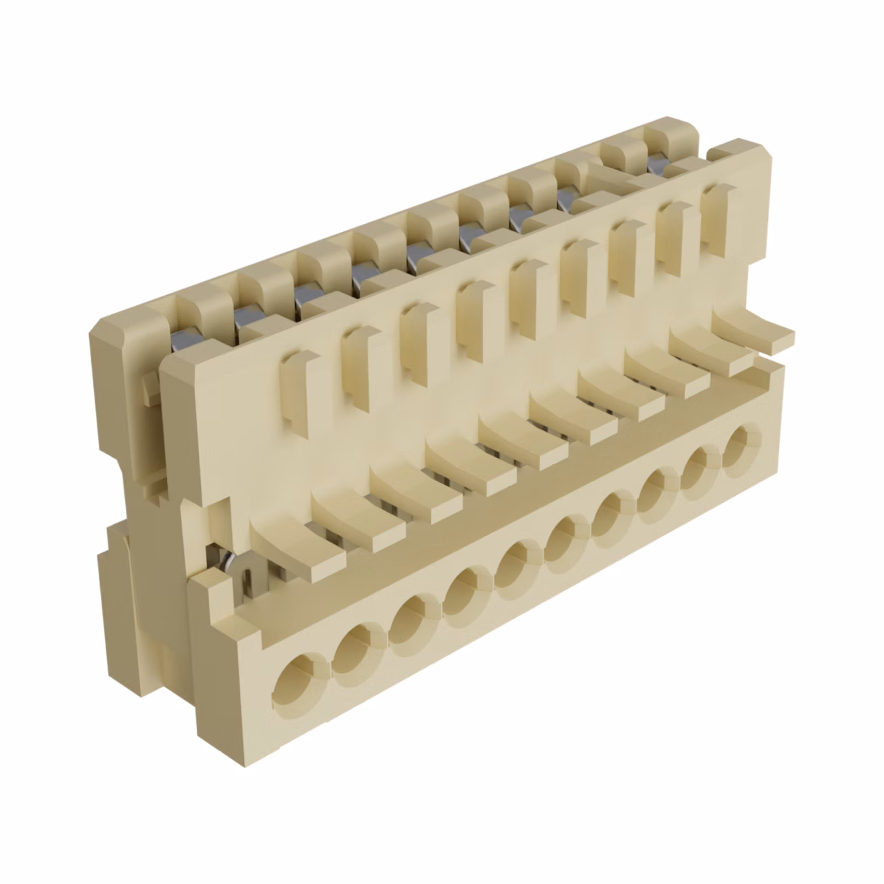 Appli-Mate RAST 2.5 Connector, 2.50mm Pitch, Female, 10 Circuits, Circuit 2 and 9 Voided, Latch at Circuit 2 and 9, Open Endwalls, Tin Plating