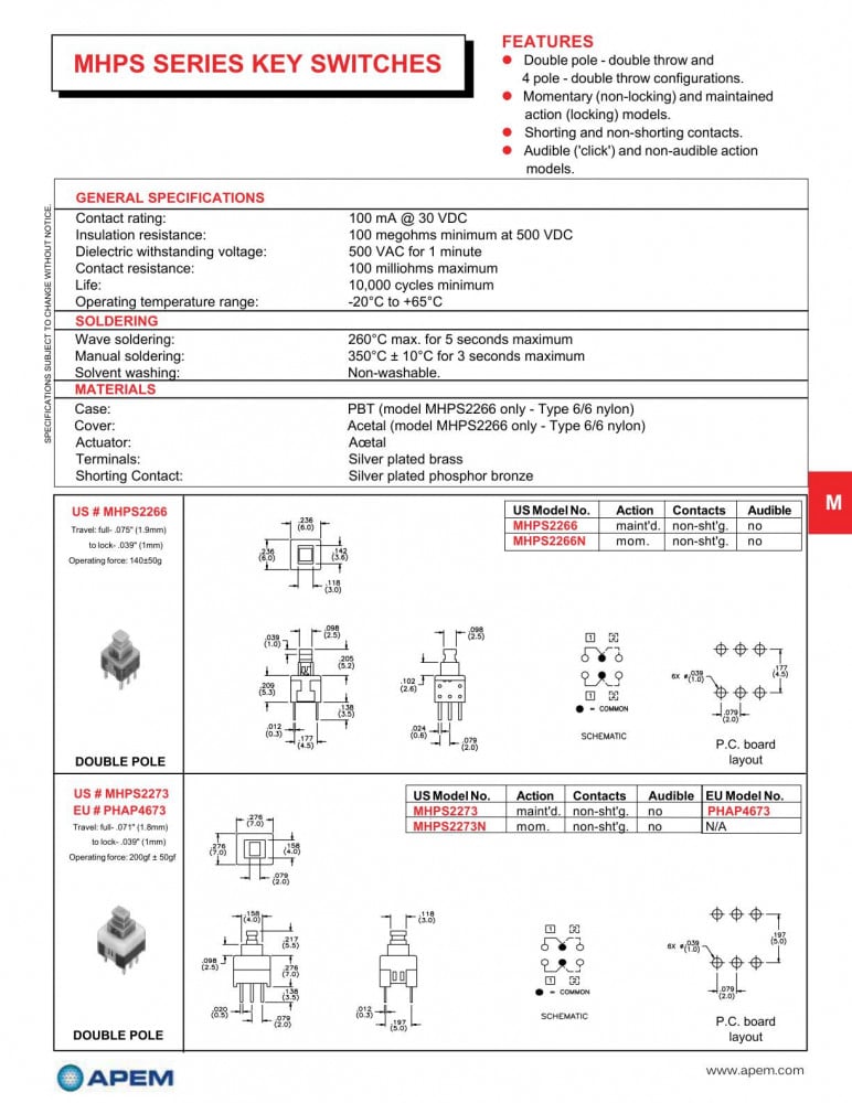 APEM MHPS series technical document page 1
