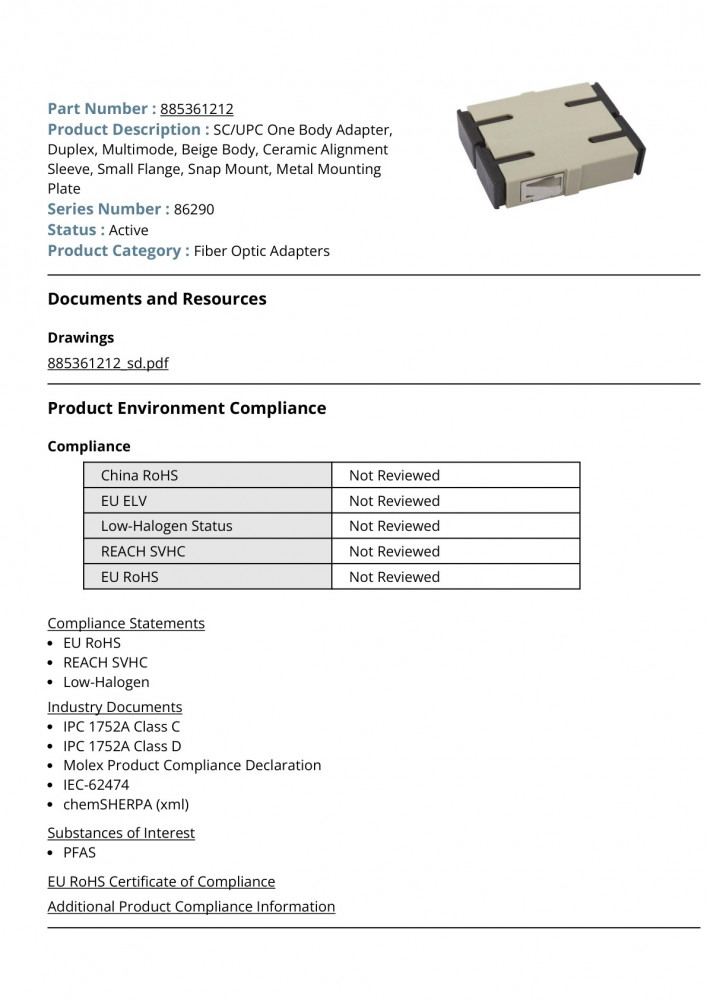 MOLEX 885361212 product drawing, sheet 1