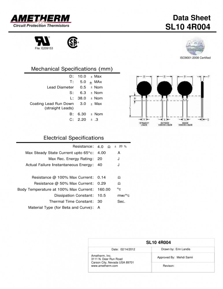 Ametherm SL10 4R004-A technical document page