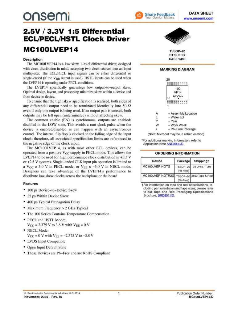 MC100LVEP14 datasheet page 1