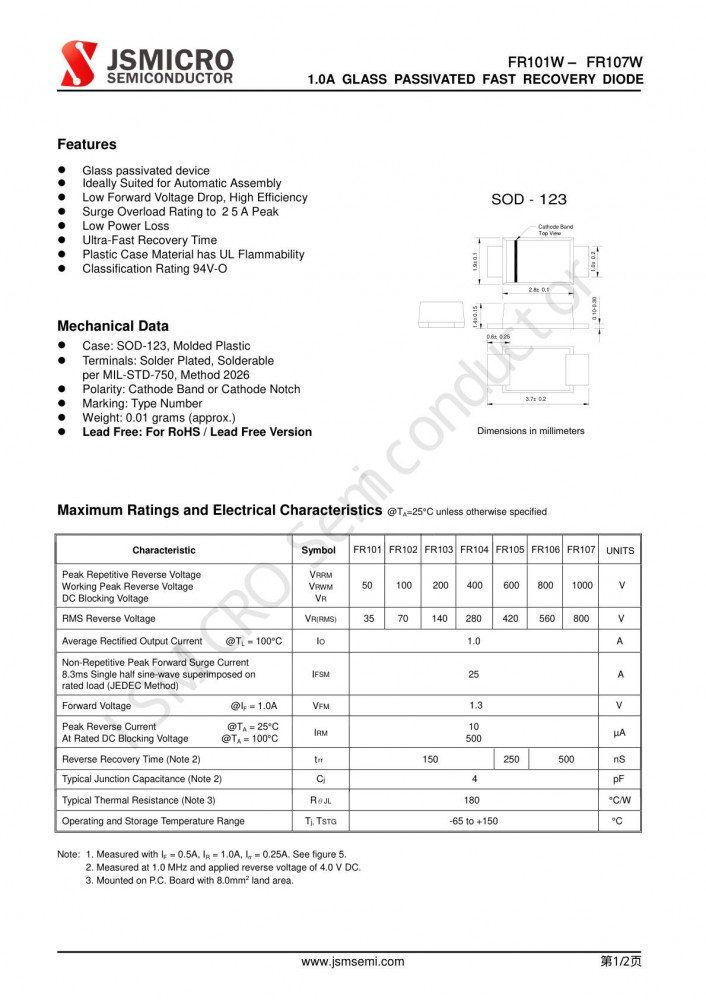 FR107W datasheet page 1