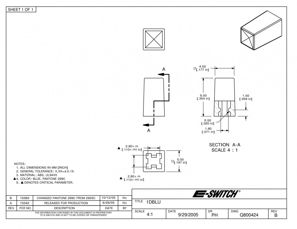 E-Switch 1DBLU technical drawing