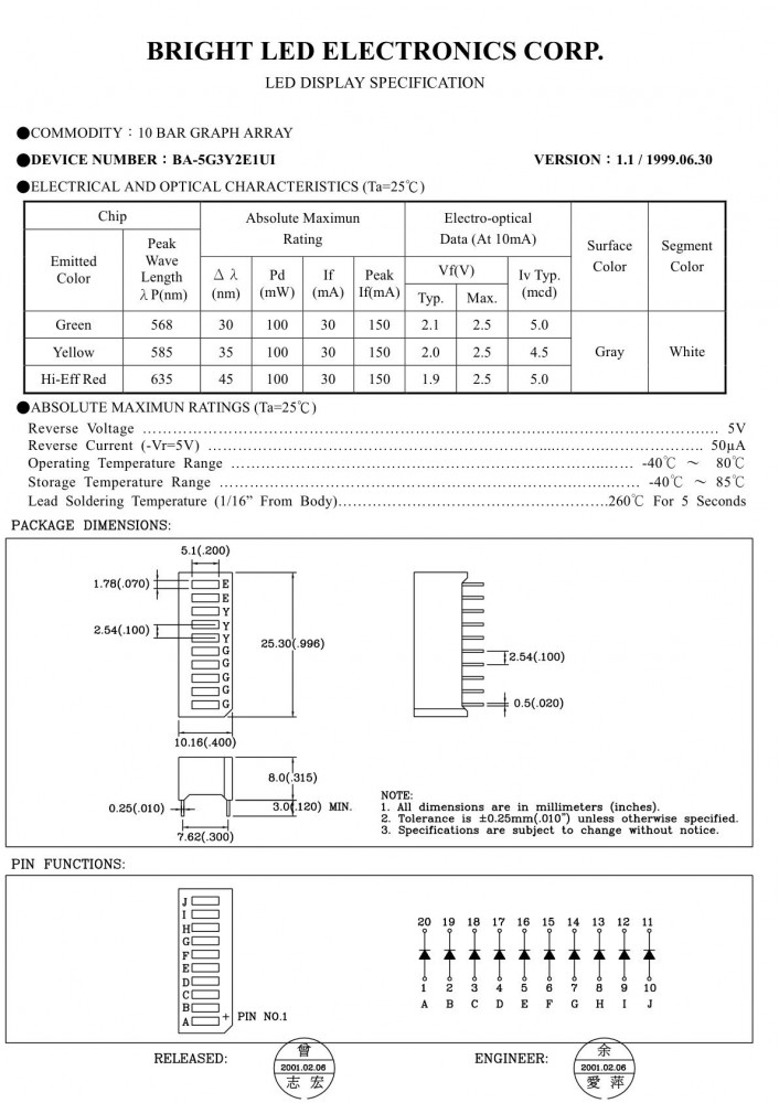 BA-5G3Y2E1UI 10-bar graph LED array datasheet preview