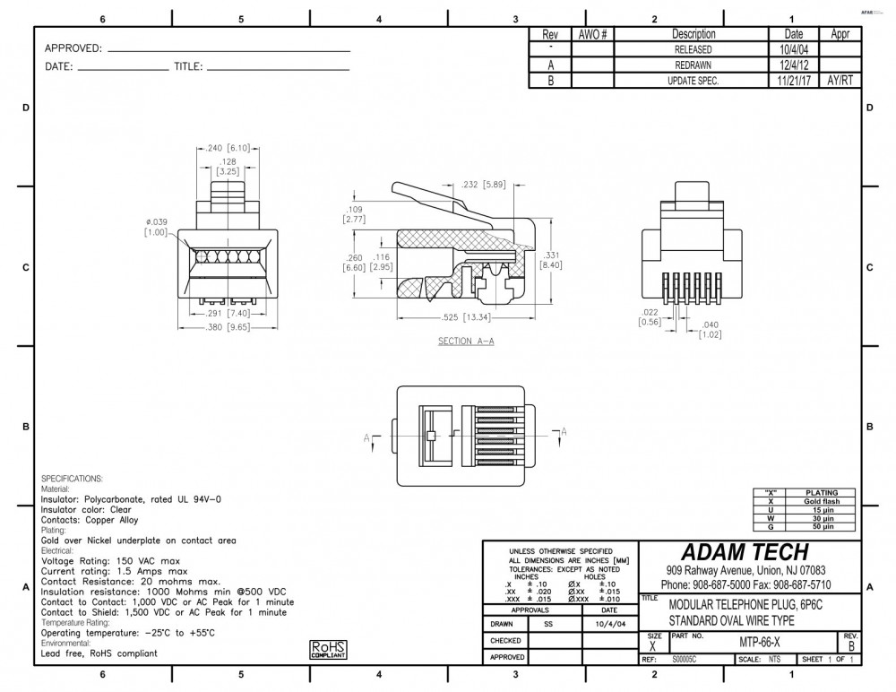 ADAM TECH MTP-66-X 6P6C modular telephone plug drawing