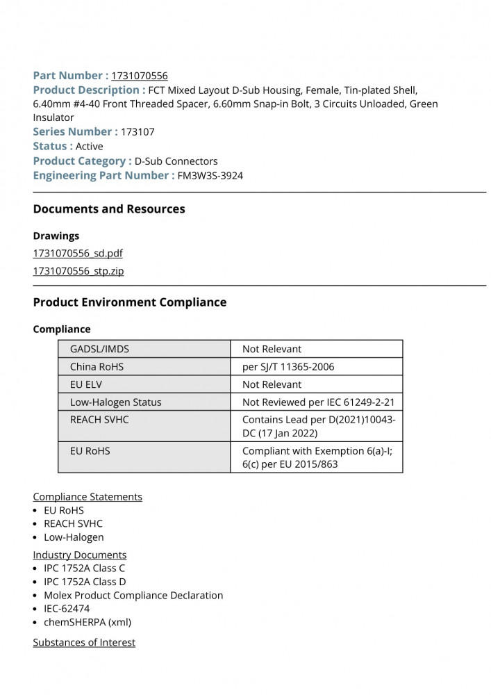 MOLEX 1731070556 product drawing preview, page 1