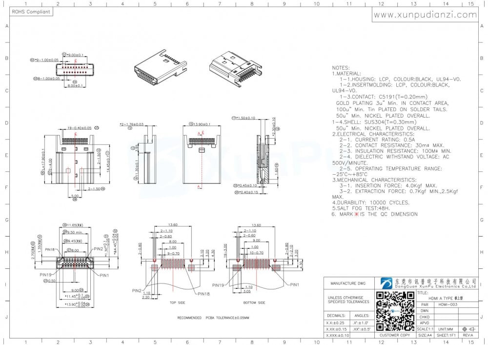 XUNPU HDMI-003 technical document page