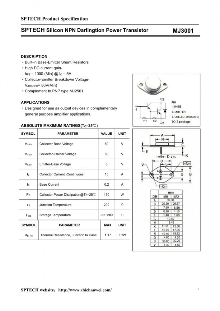 SPTECH MJ3001 datasheet page 1