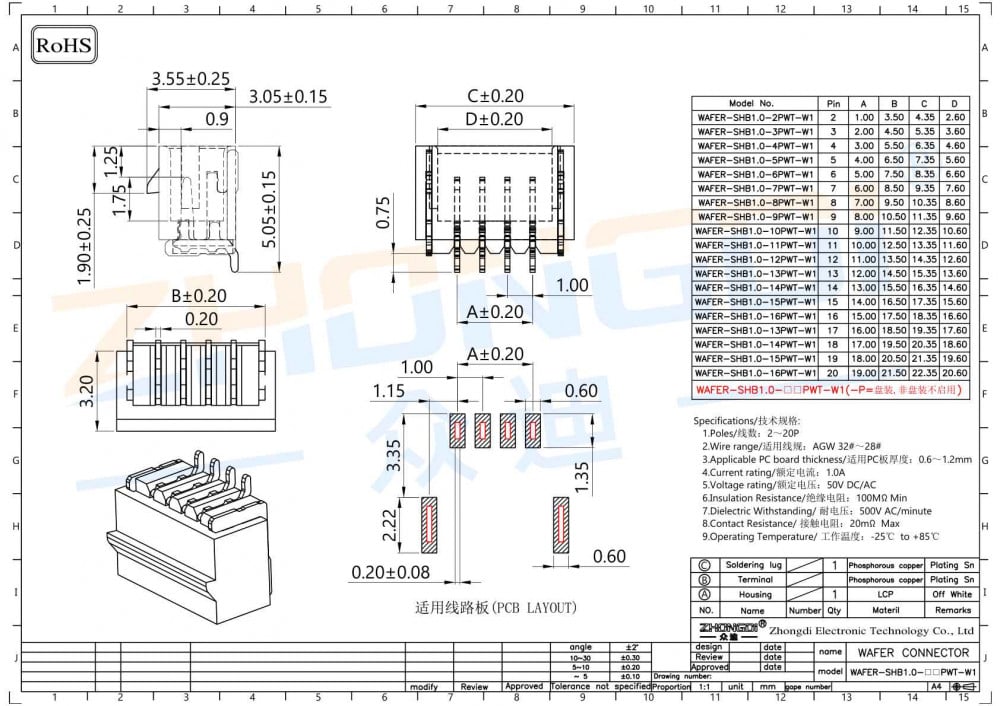 Zhongdi WAFER connector technical drawing page 1
