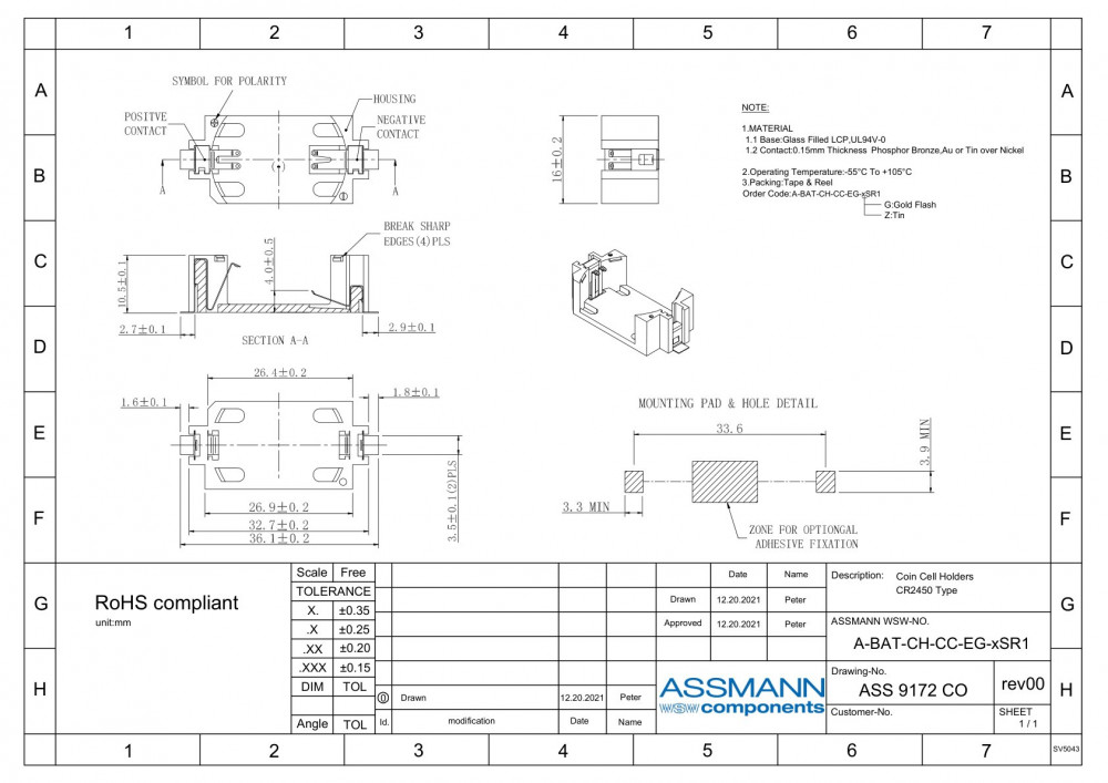 Assmann WSW Components coin cell holder technical drawing