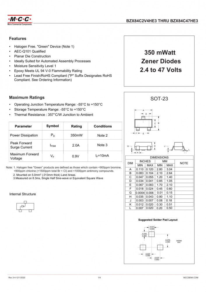 BZX84C3V9HE3-TP datasheet page 1