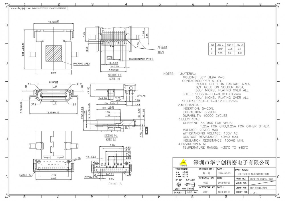 HOAUC HYCW125 USB Type-C receptacle mechanical drawing