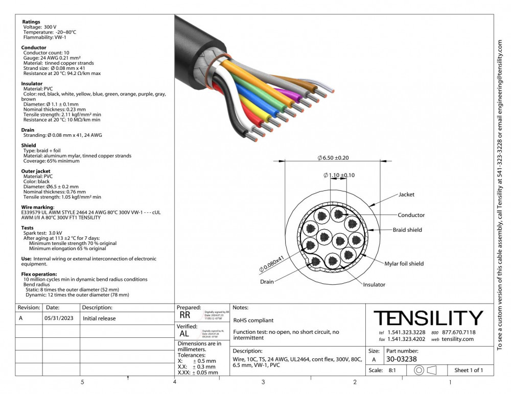 Tensility International 30-03238 cable drawing and specification sheet