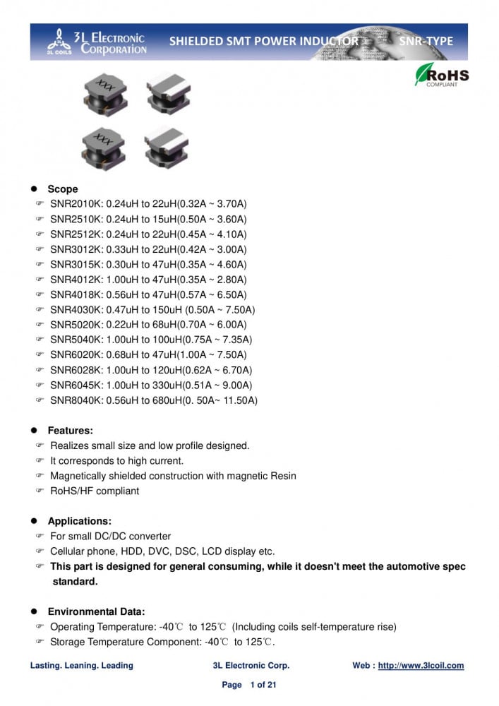3L COILS SNR series datasheet page 1