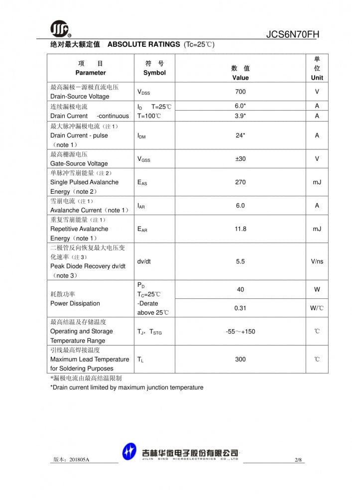 JCS6N70FH datasheet page 2
