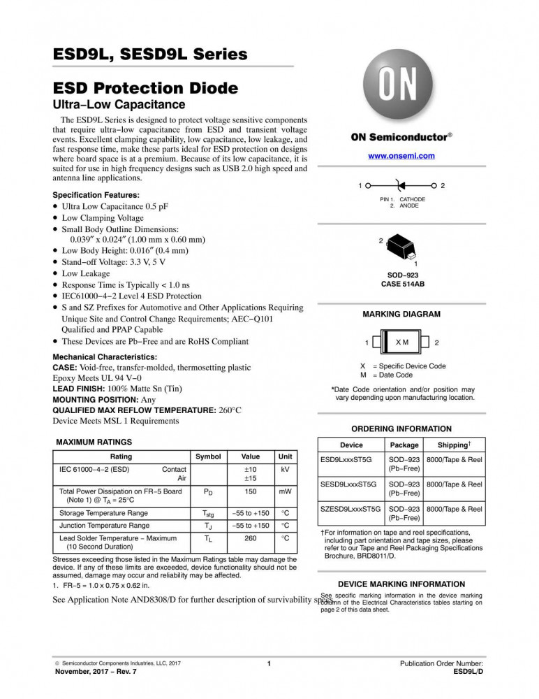 ESD9L3.3ST5G technical document page 1