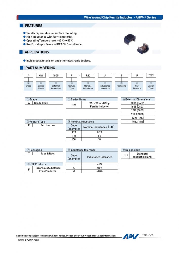 APV AHW-F series datasheet page 1