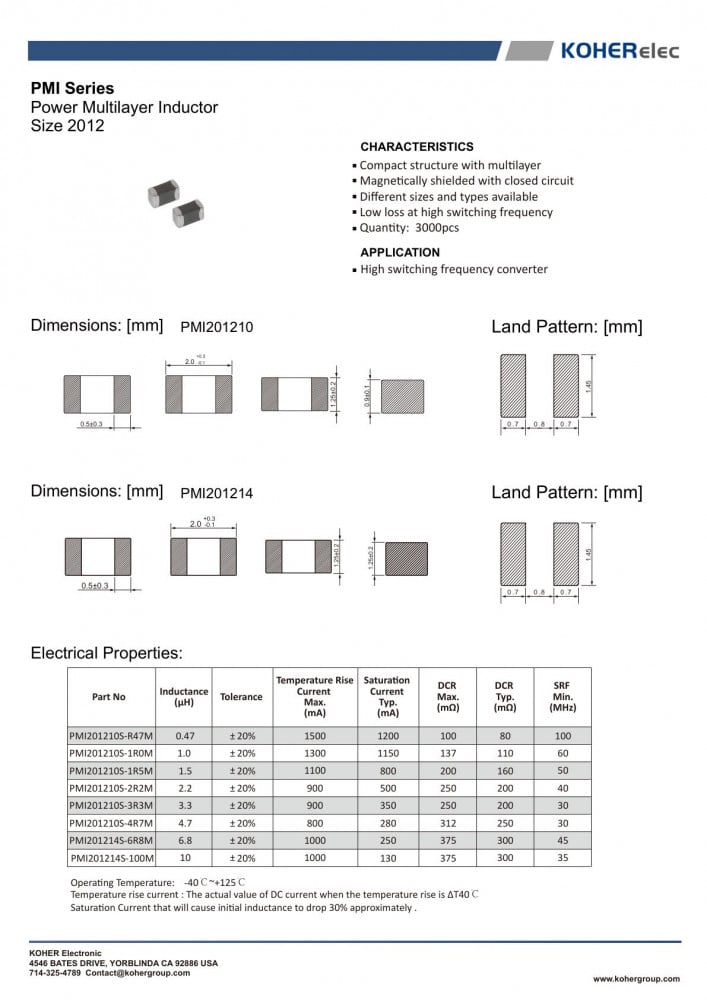KOHERelec PMI series power multilayer inductor datasheet page 1