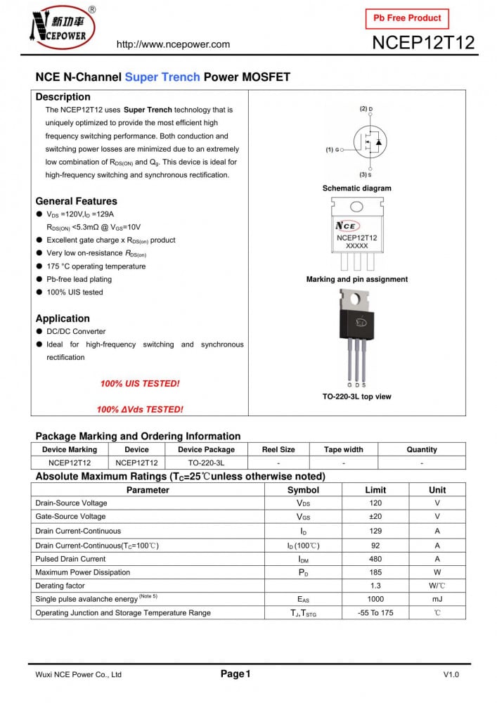 NCEP12T12 datasheet page 1