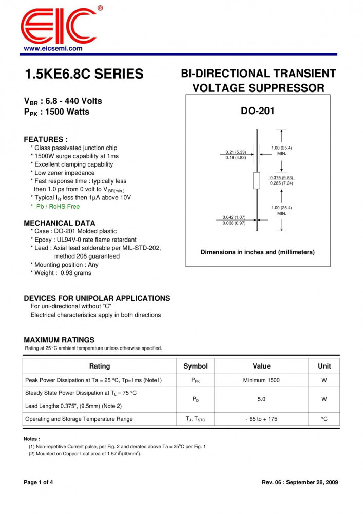 EIC 1.5KE series datasheet page 1