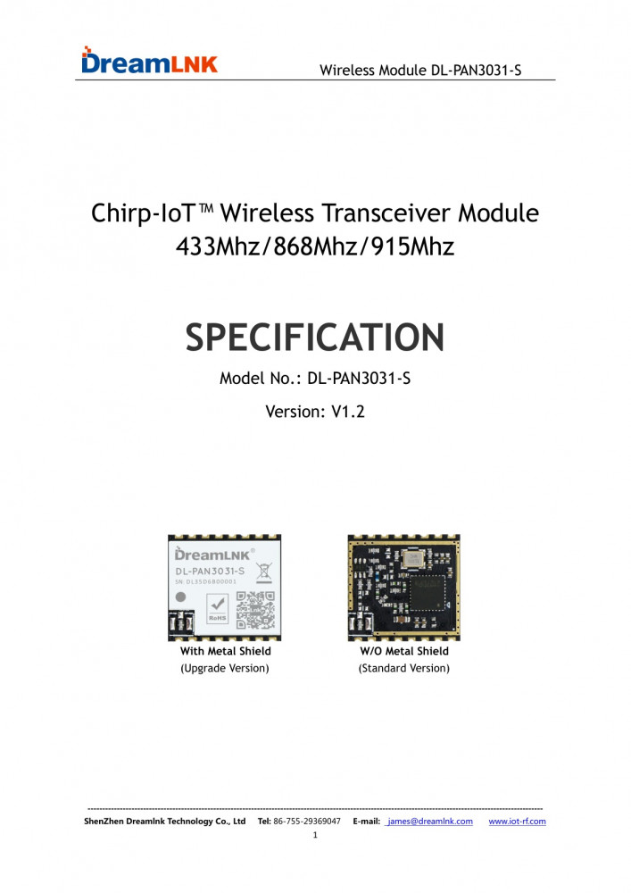 DL-PAN3031-S datasheet page 1