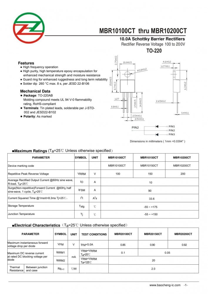 baocheng MBR10200CT technical document page 1