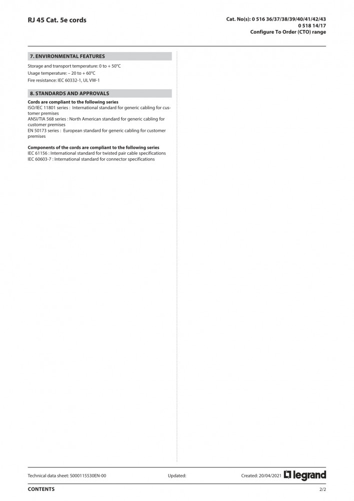 Legrand RJ45 patch cord technical document, page 2