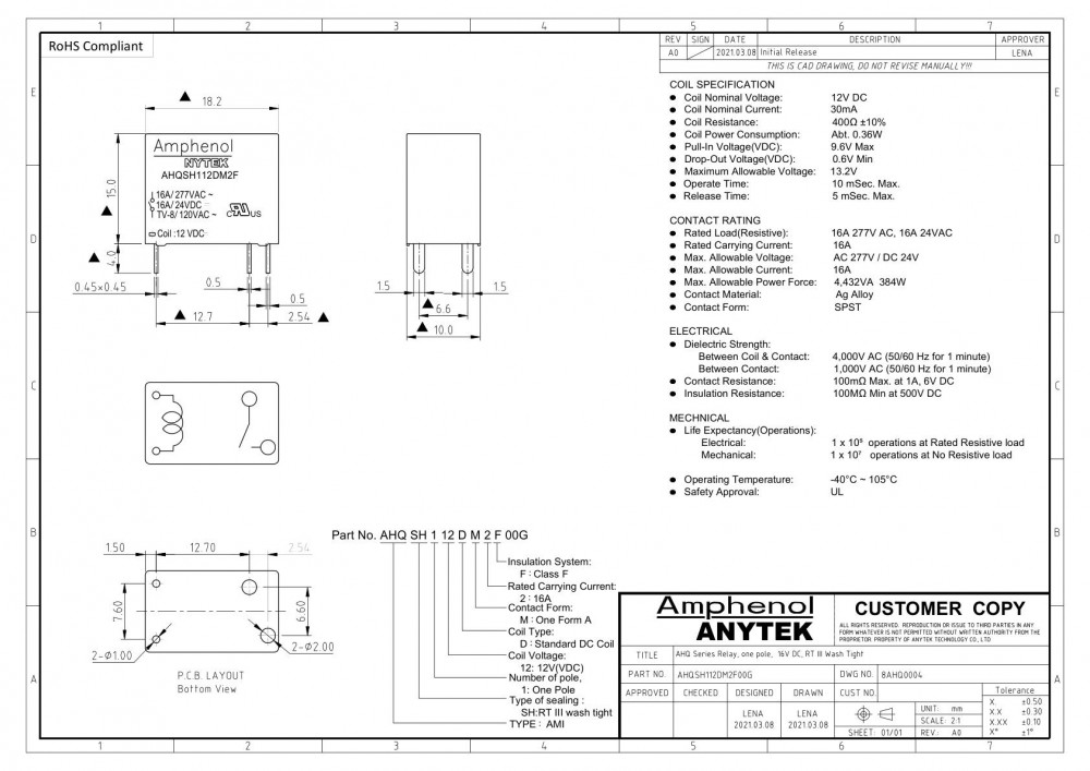 AHQ Series relay technical drawing