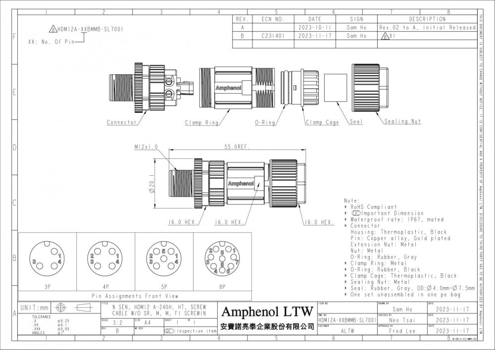 Amphenol HDM12A-05BMMB-SL7001 technical drawing