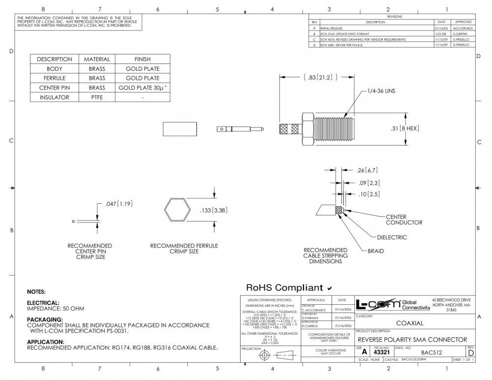 L-com BAC512 reverse-polarity SMA connector drawing