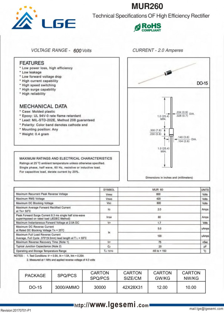 LGE MUR260 datasheet page 1