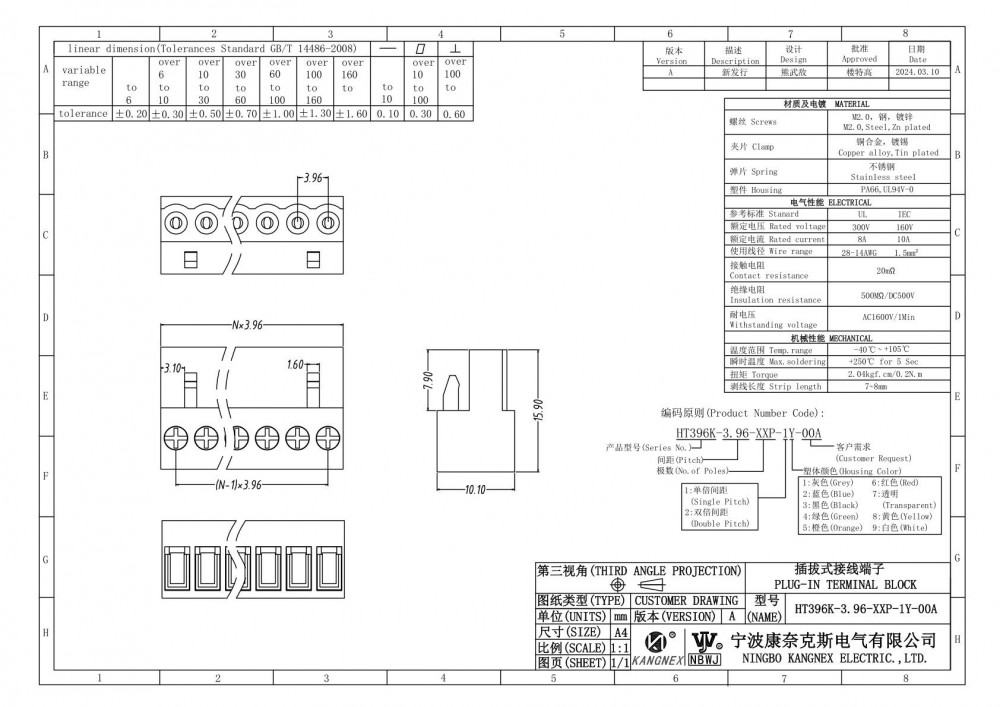 KANGNEX HT396K-3.96-06P-15-00A technical drawing