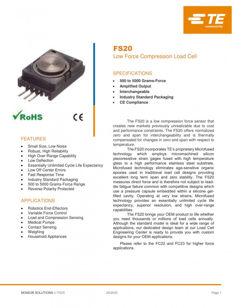 TE Connectivity FS20 datasheet page 1
