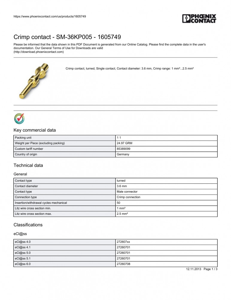 Phoenix Contact SM-36KP005 1605749 product document page 1