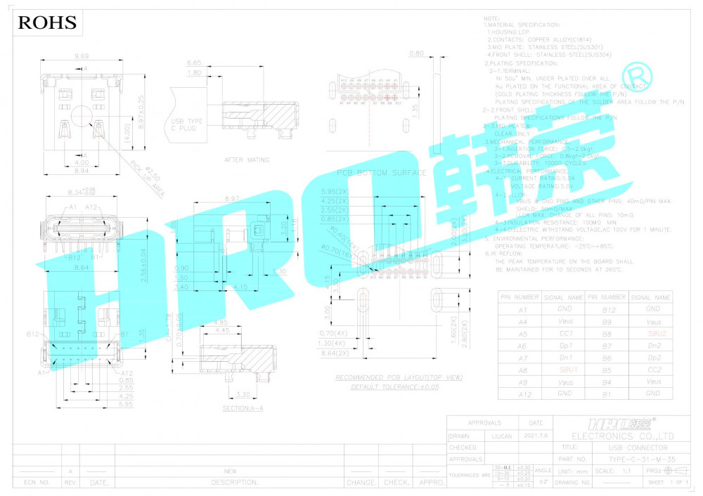 TYPE-C-31-M-35 USB connector technical drawing