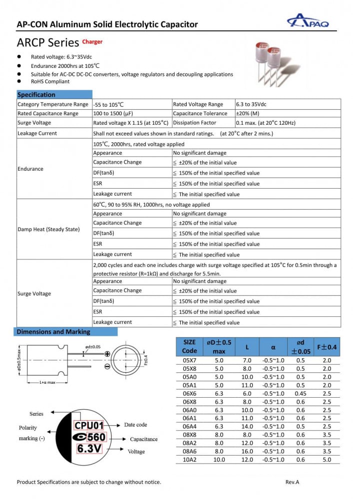 APAQ ARCP Series datasheet page 1