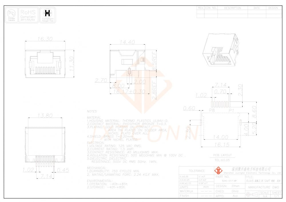JXTCONN RJ45-1017-8P technical drawing