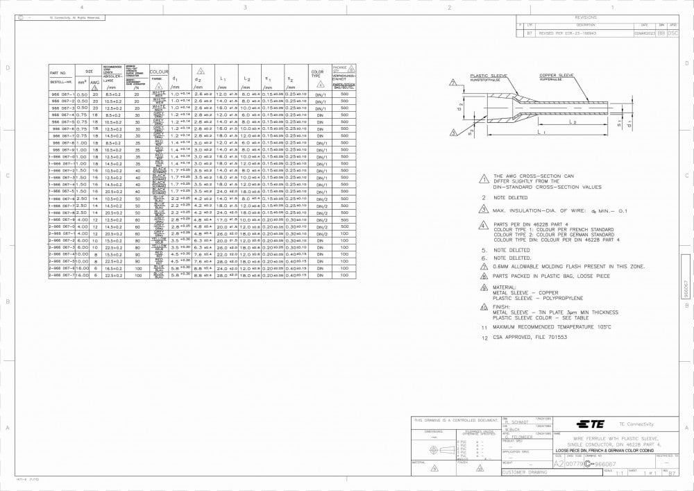 TE Connectivity 966067 wire ferrule technical drawing