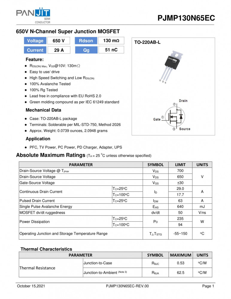 PJMP130N65EC datasheet page 1