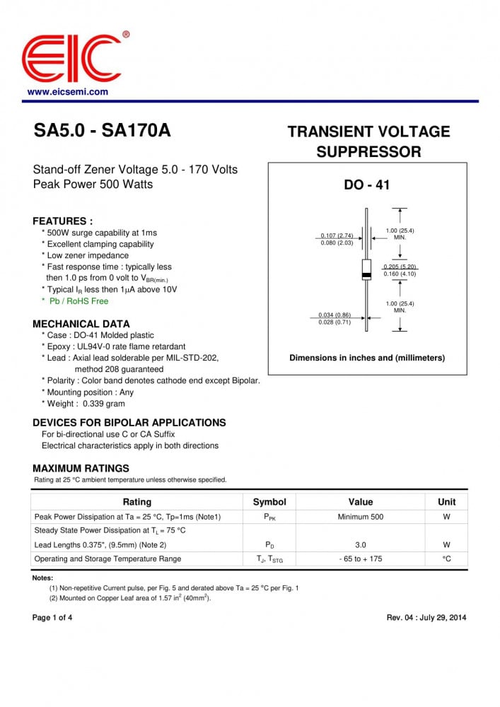 EIC SA5.0CA datasheet page 1