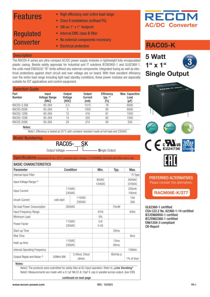RAC05-24SK technical document page 1